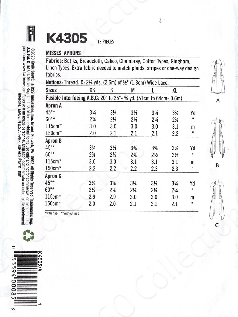 Uncut Kwik Sewing Pattern 4305 Misses Aprons Sewing Pattern | Etsy