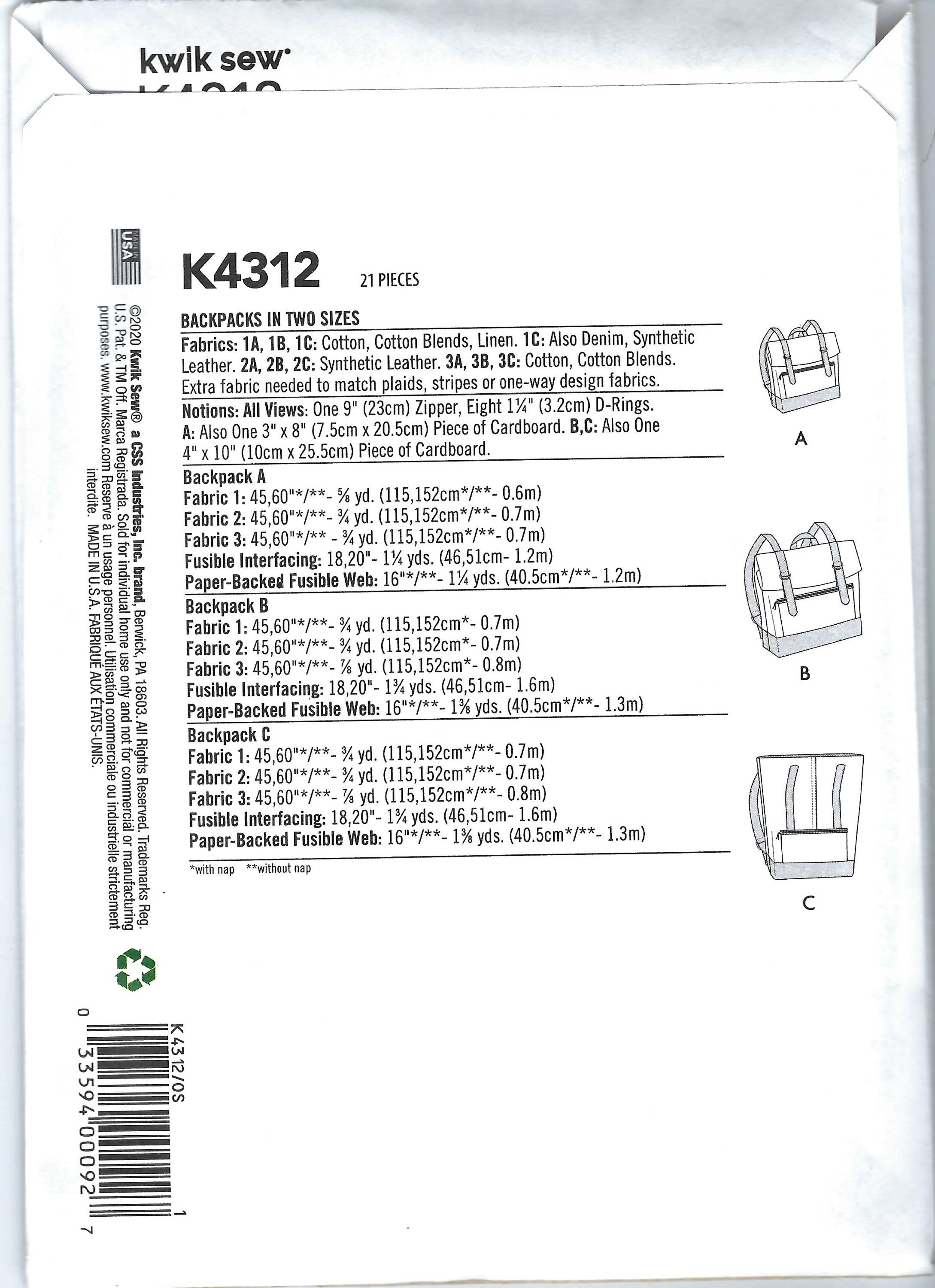 Uncut Kwik Sewing Pattern 4312 Classic Carry-all Backpacks FF - Etsy