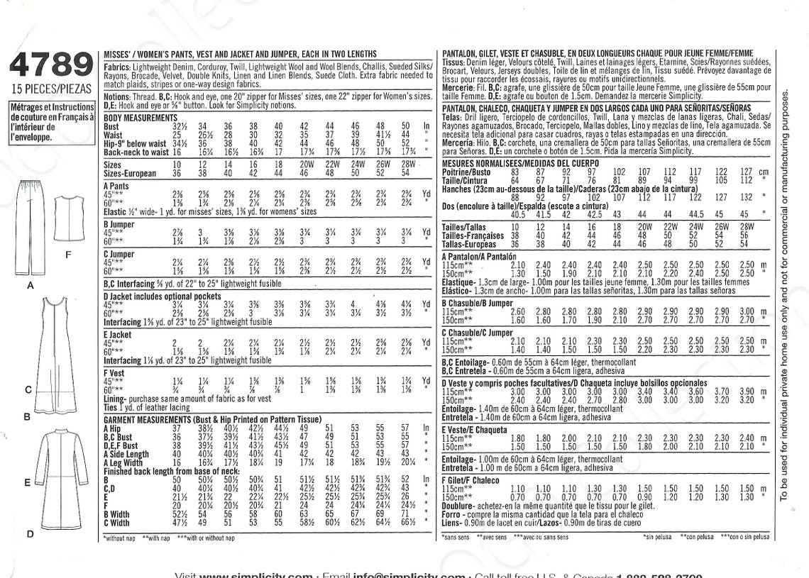 Uncut Simplicity Sewing Pattern 4789 Misses Women's Pants,vest and ...