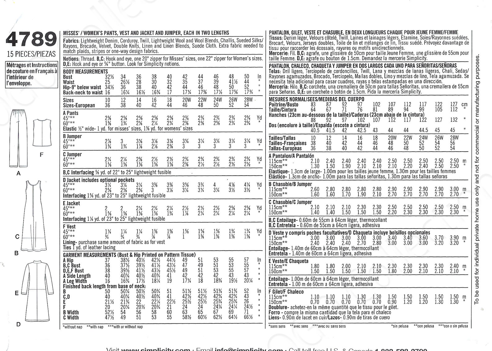 Uncut Simplicity Sewing Pattern 4789 Misses Women's Pants,vest and ...