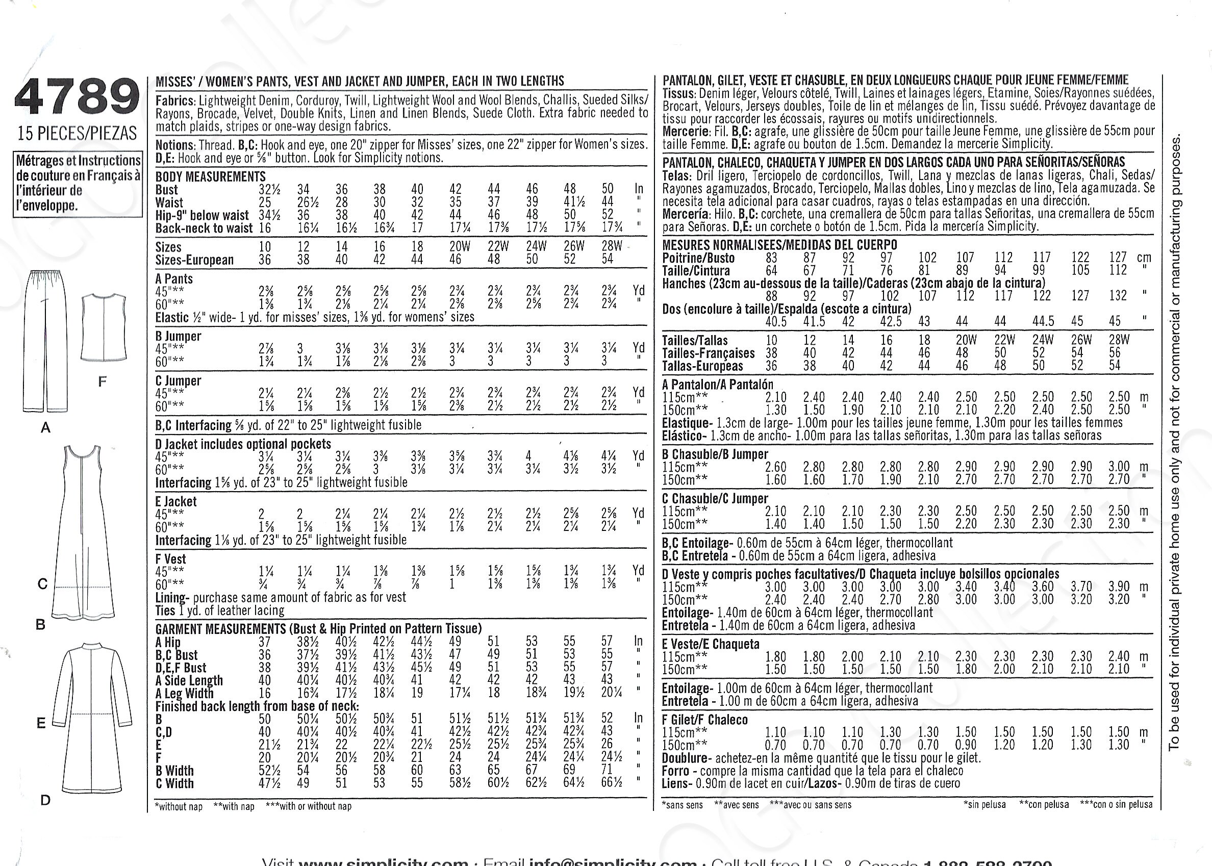 Uncut Simplicity Sewing Pattern 4789 Misses Women's Pants,vest and ...