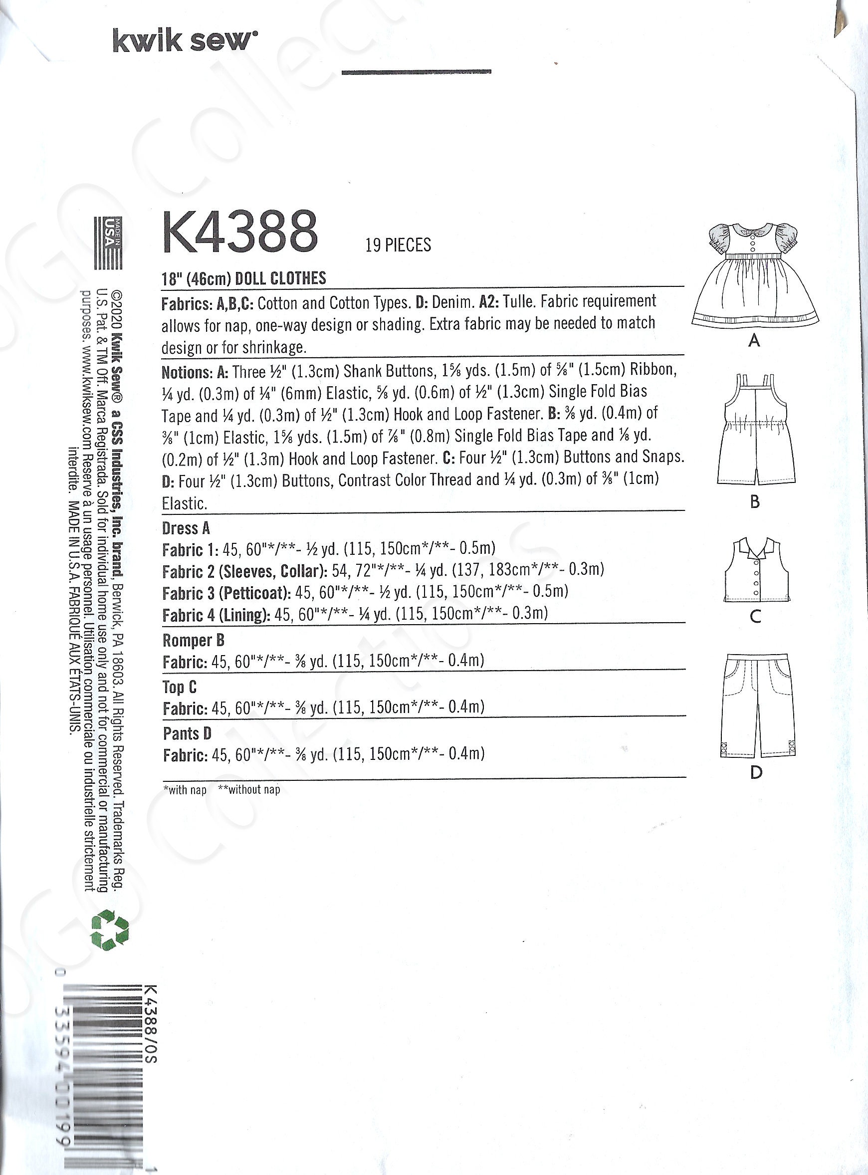 Uncut Kwik Sewing Pattern 4388 18" Doll Clothes FF - Etsy