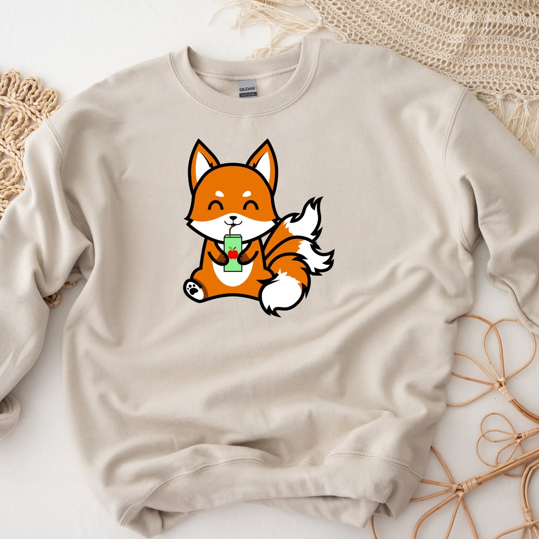 3-tailed Fox Drinking Apple Juice Box Sweatshirt Bubble Tea Ramen Shiba ...