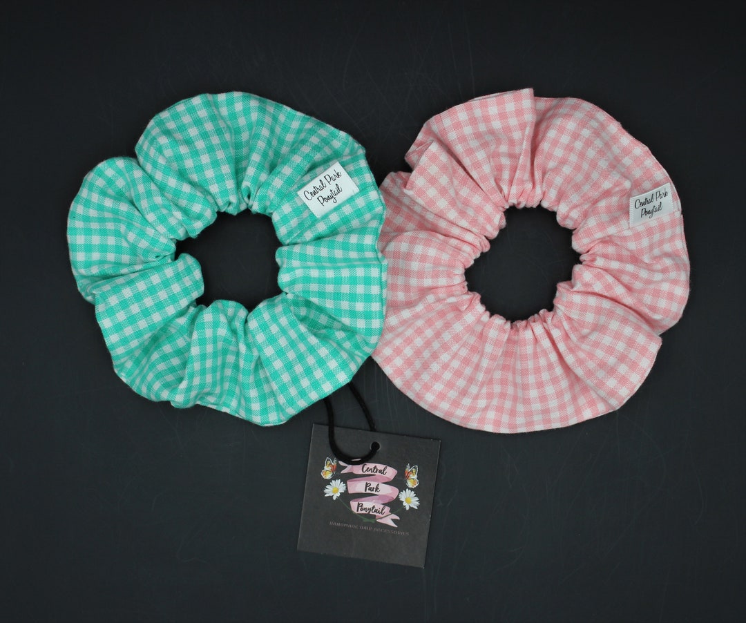 Pink or Green Gingham Check Hair Scrunchie Elastic Tie 100% Cotton - Etsy