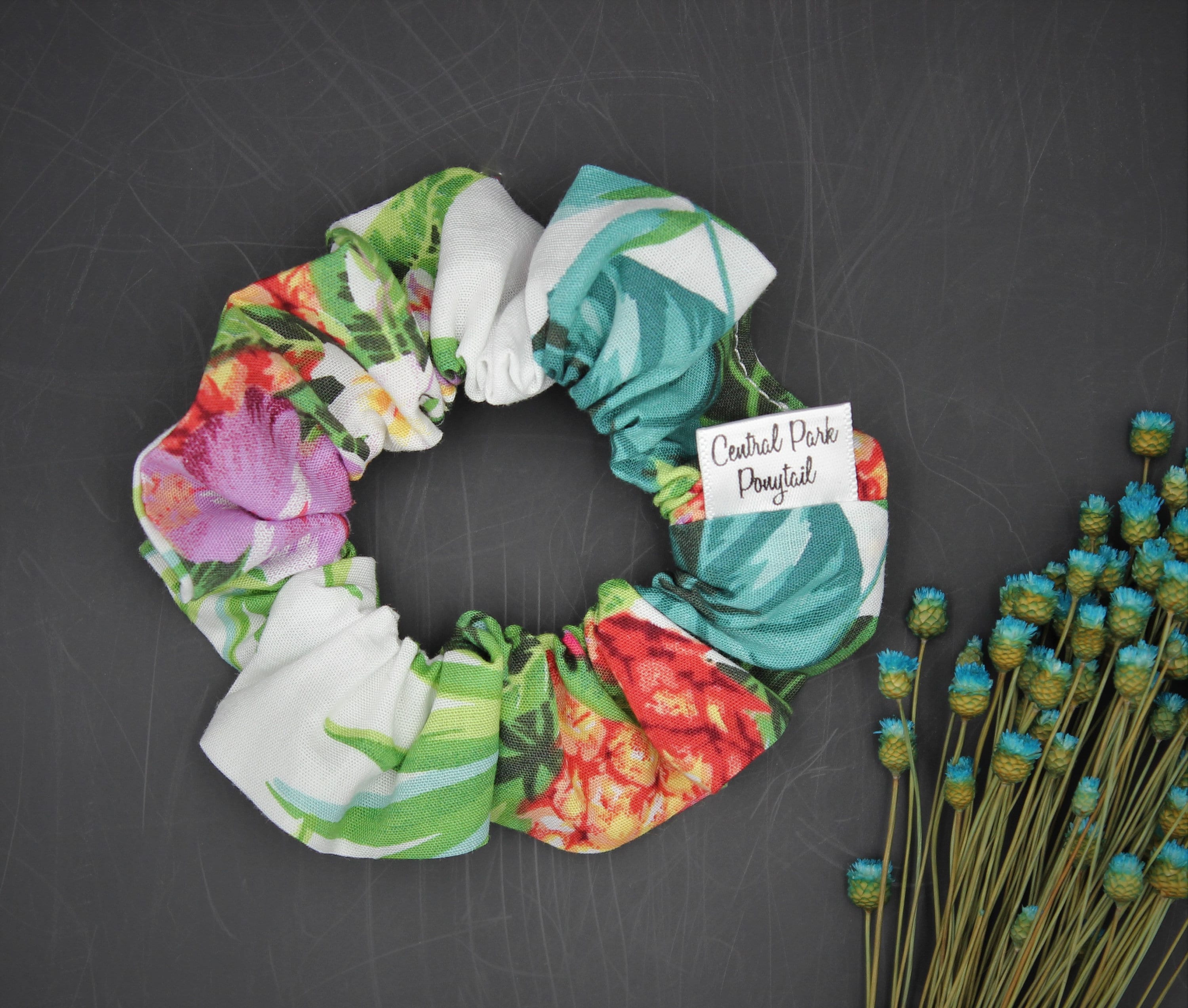 Hawaiian Pineapple, Hibiscus and Tropical Leaves Scrunchie 100% Cotton ...