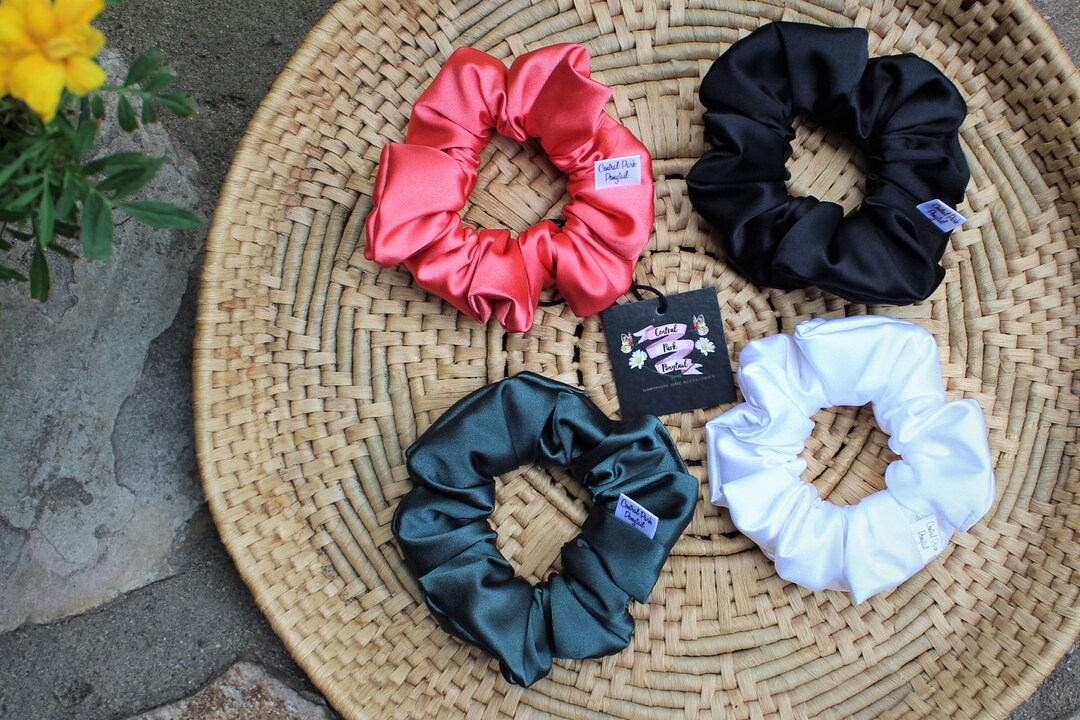 Emerald Green, Black, White, Yellow, Coral Red Satin Silky Scrunchie ...