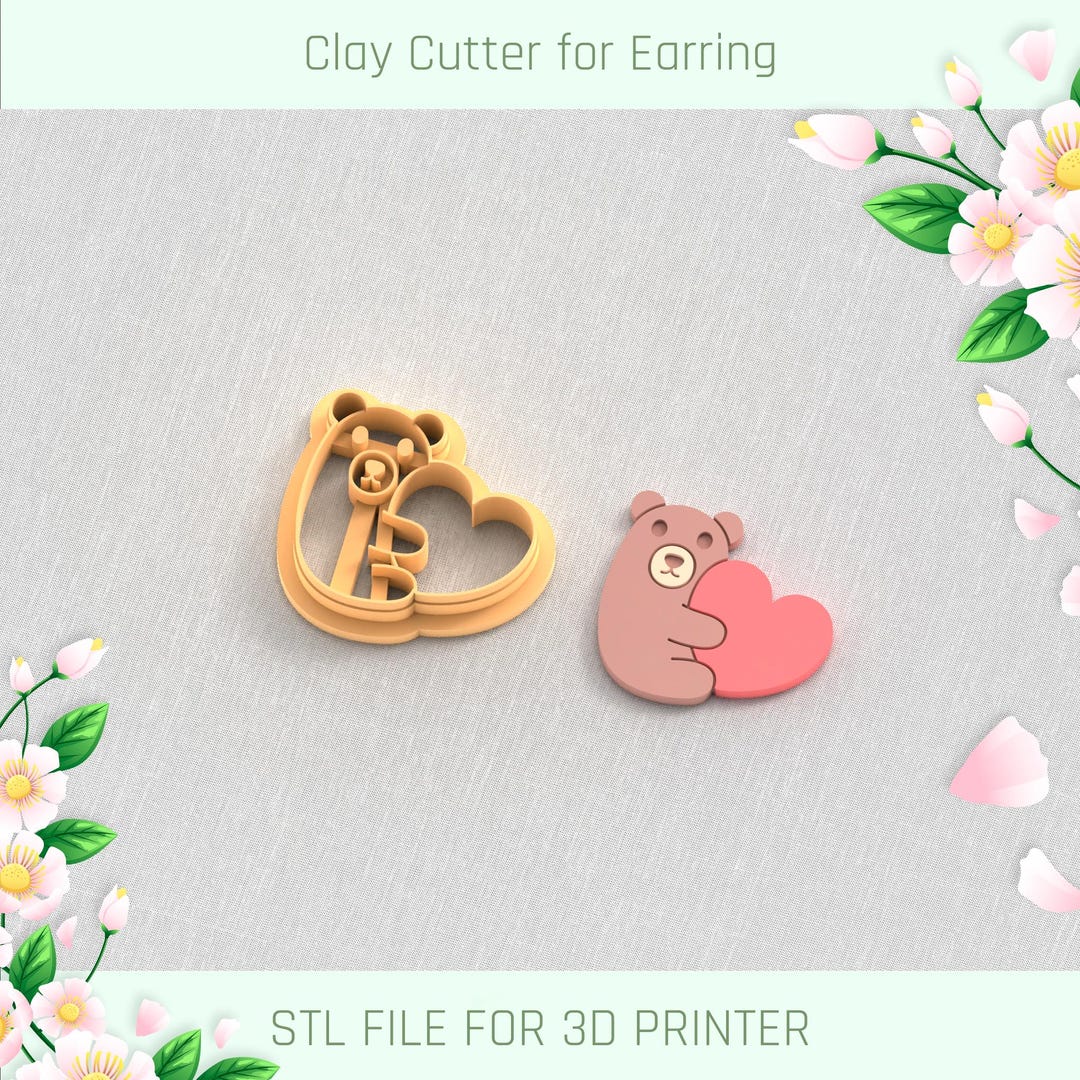 Teddy Bear Hug Heart Clay Cutter : Valentine's Day Earring STL File ...