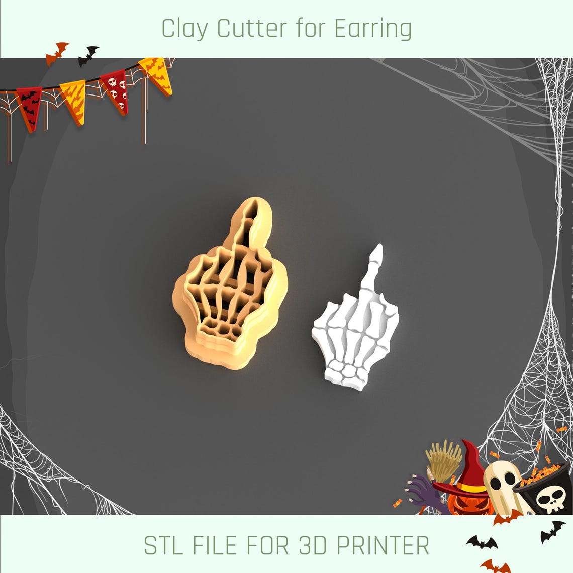 Skeleton Middle Finger Clay Cutter: Halloween Earring STL File (digital ...