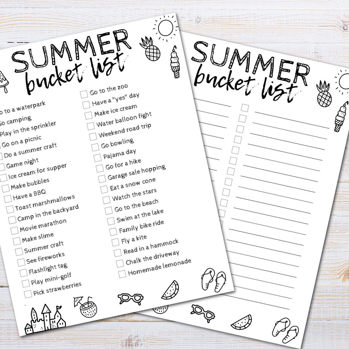 Printable Summer Bucket List One Page Black and White With Pre-filled ...