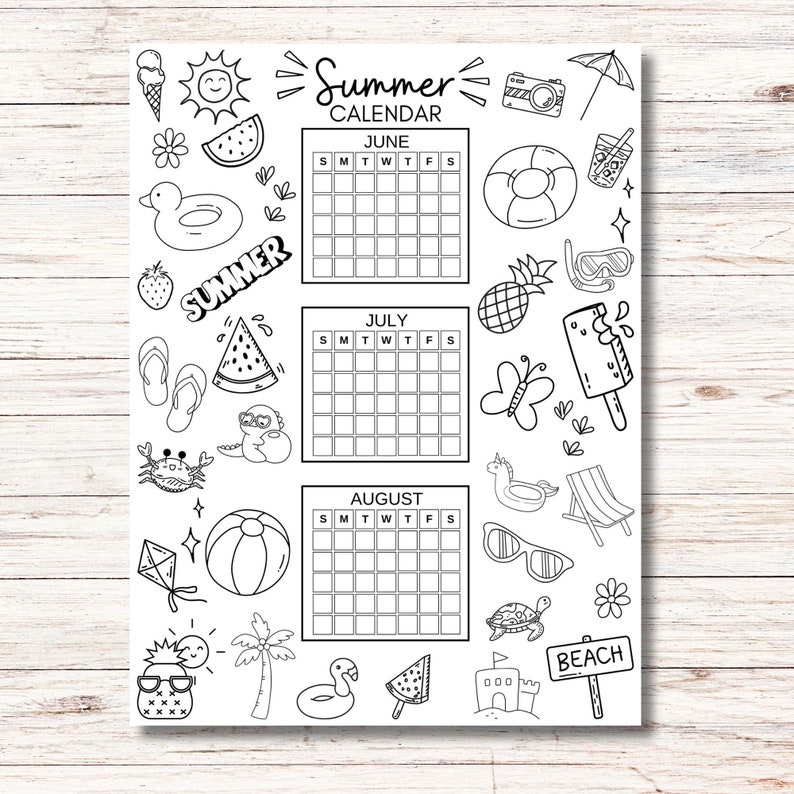 Printable SUMMER CALENDAR Coloring Page Poster | Printable Summer ...