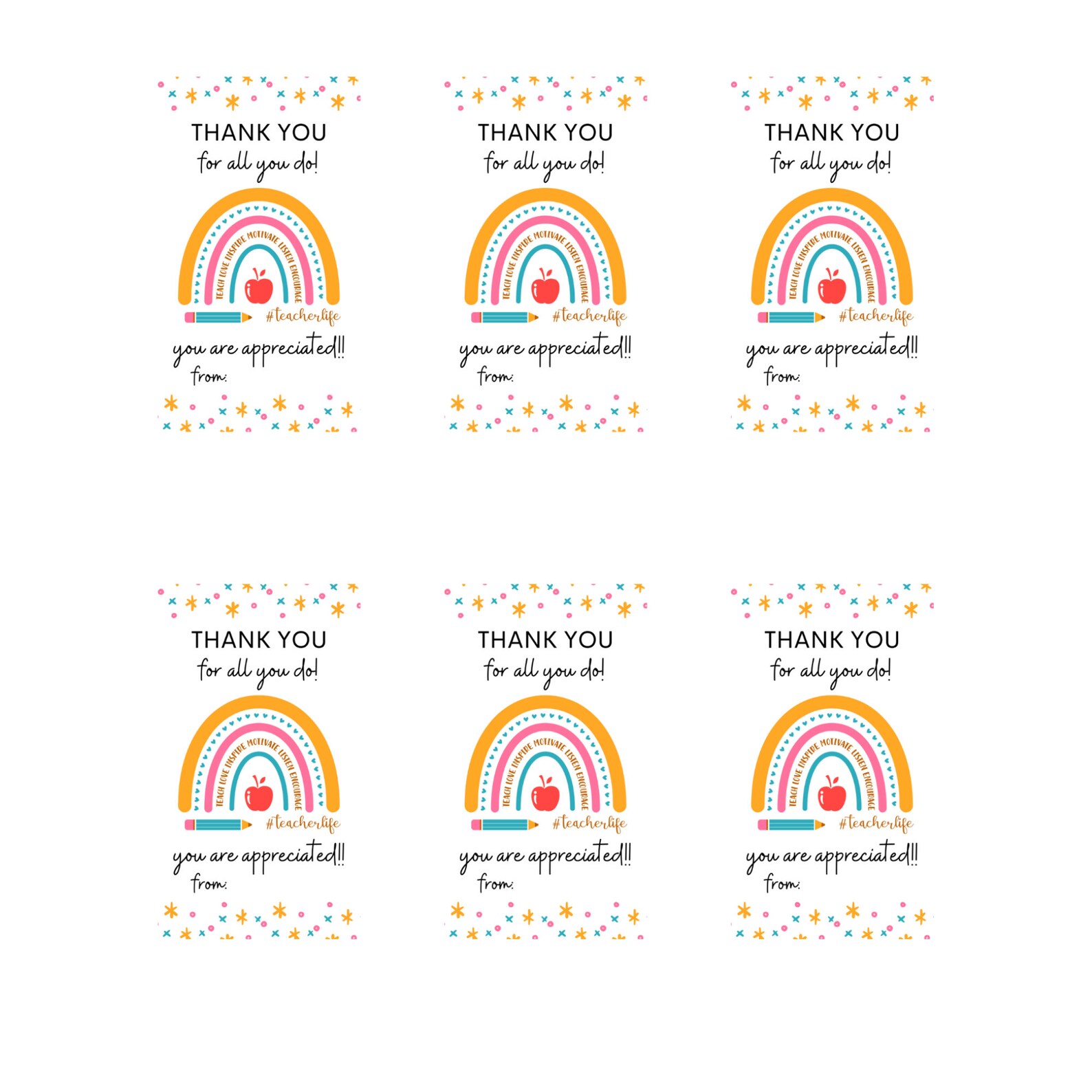 Thank You for All You Do Teacher Gift Tag Printable With Rainbow Design ...