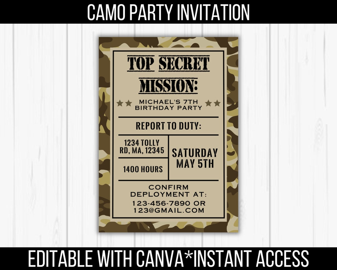 Editable Camo Birthday Invitation, Army Party Invite - Etsy