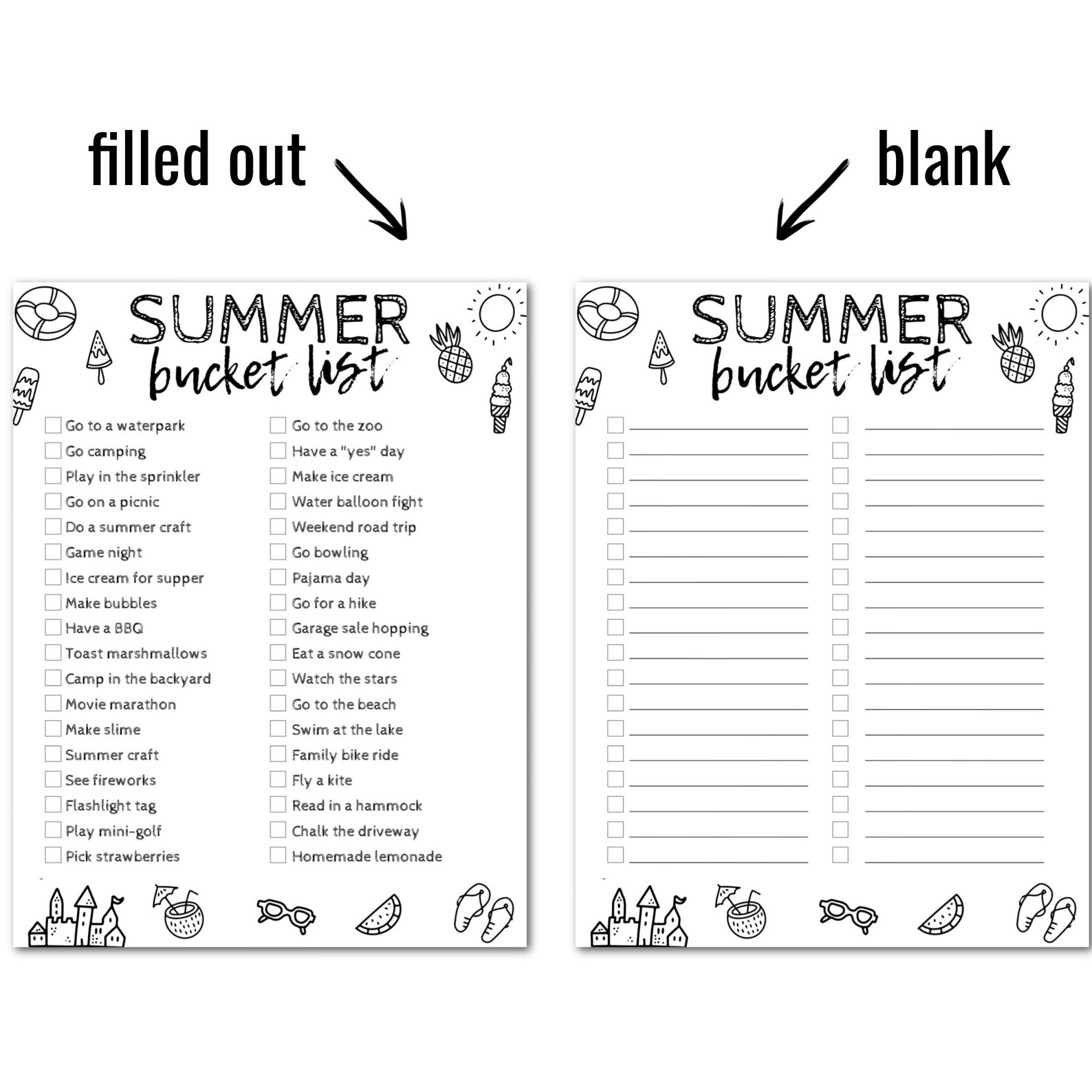 Printable Summer Bucket List One Page Black and White With Pre-filled ...