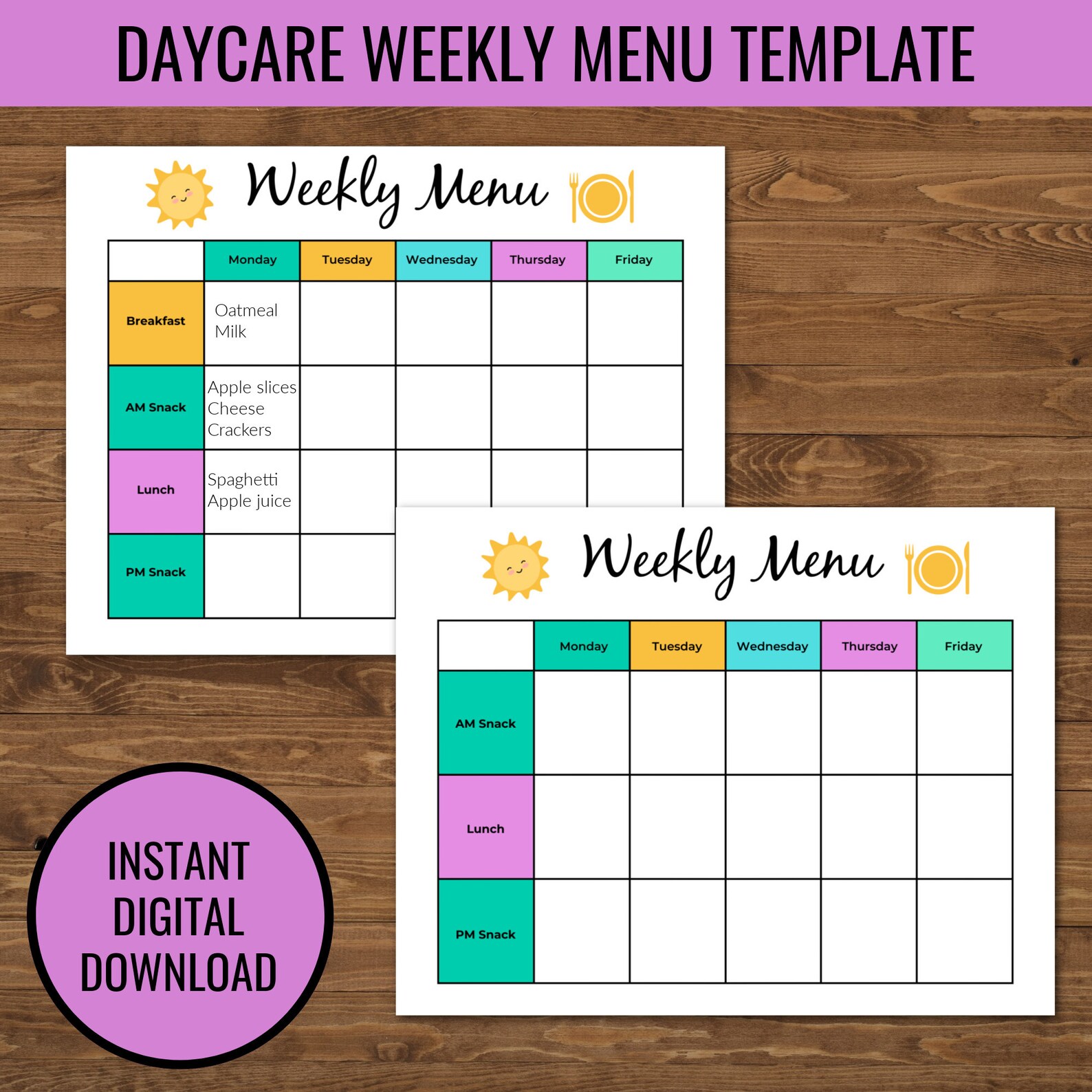 Daycare Menu Template Printable | Weekly Menu for Daycare | Home ...
