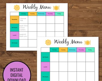 Daycare Weekly Menu, Printable Weekly Menu for Daycare, Daycare Meal ...
