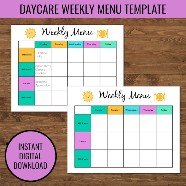 Daycare Menu Template Printable Weekly Menu for Daycare Home Daycare ...
