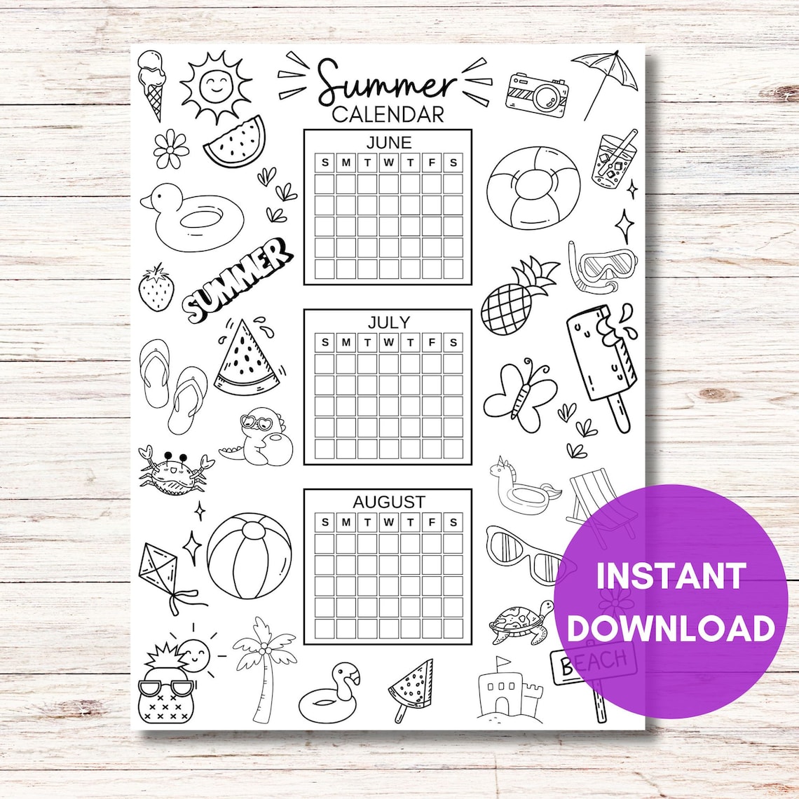 Printable SUMMER CALENDAR Coloring Page Poster | Printable Summer ...