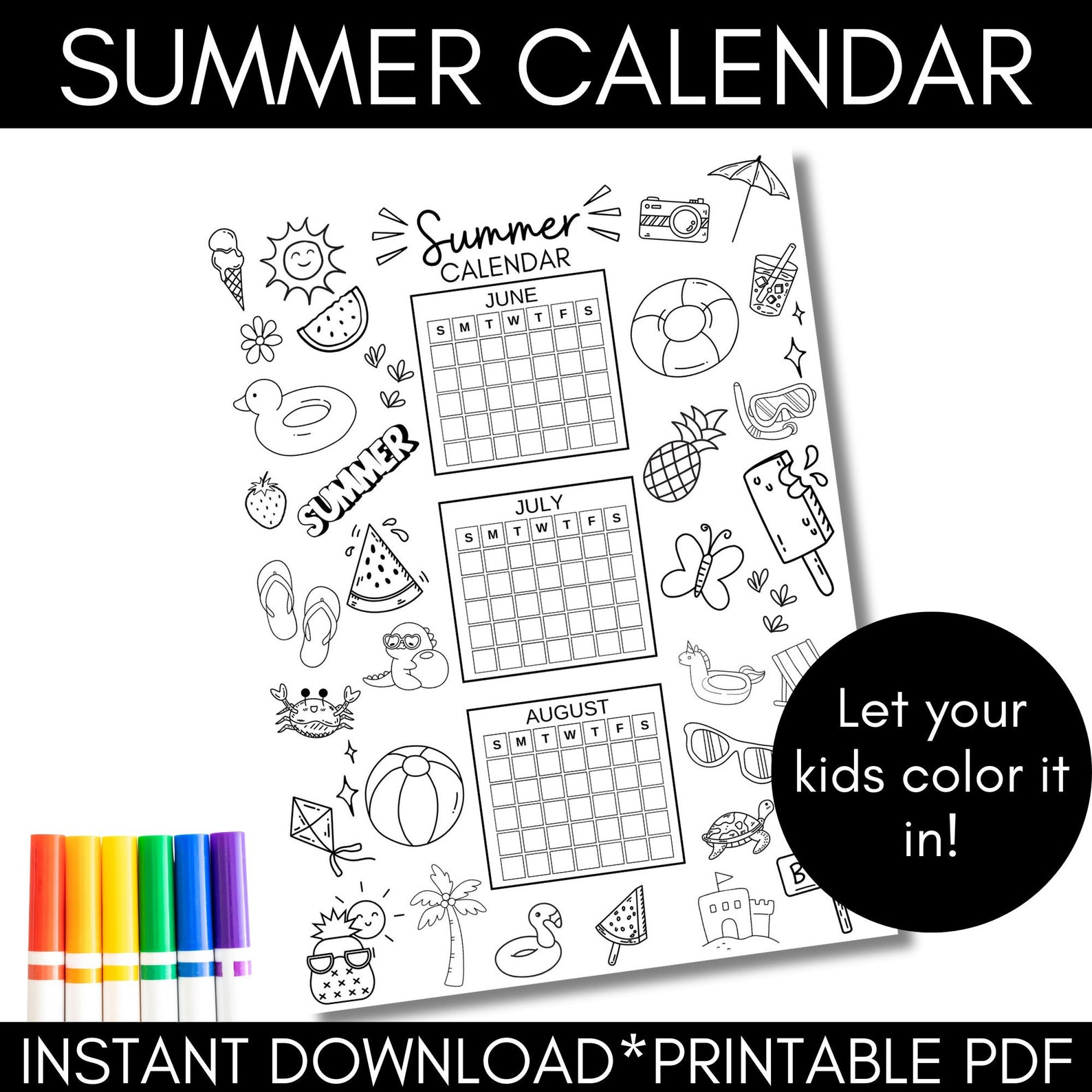 Printable SUMMER CALENDAR Coloring Page Poster | Printable Summer ...