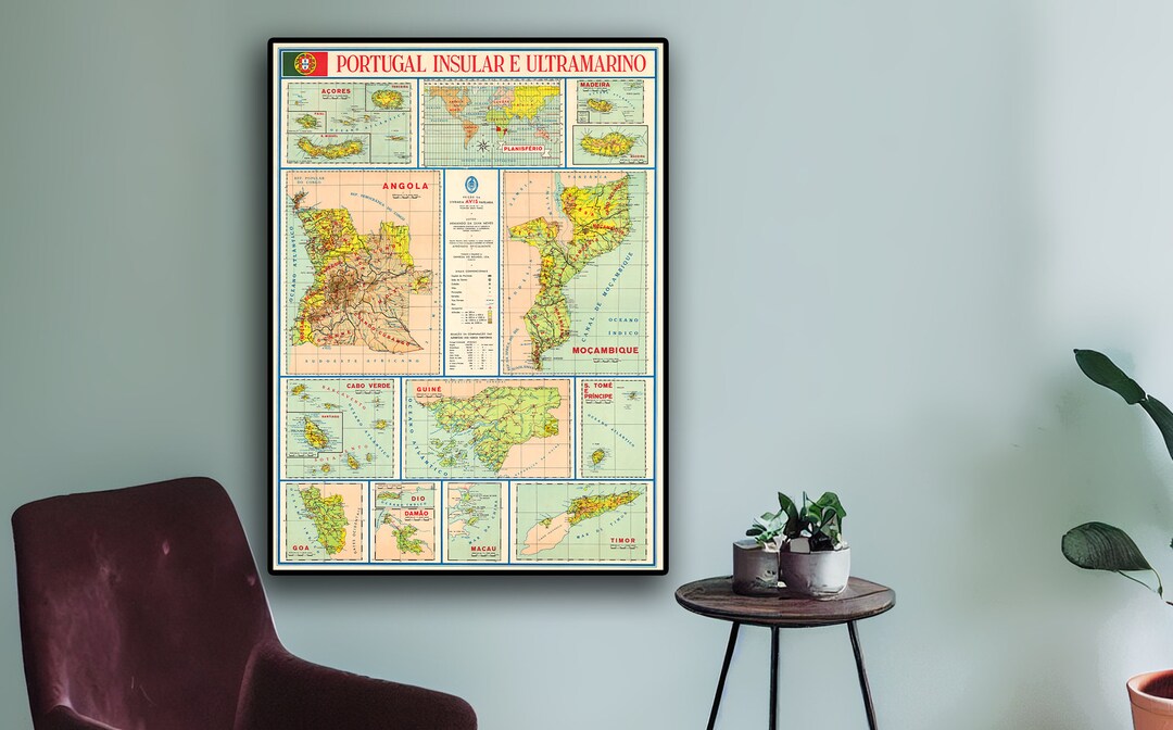 Map of Portugal 1960s Colonies Reproduction Map Portuguese Vintage ...