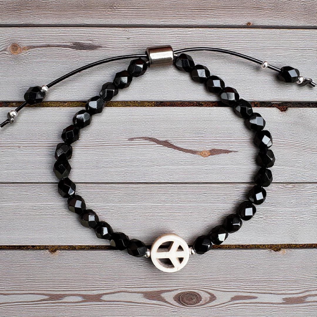 Mini Peace Sign Bracelet With Black Fire Polished Beads, Adjustable - Etsy