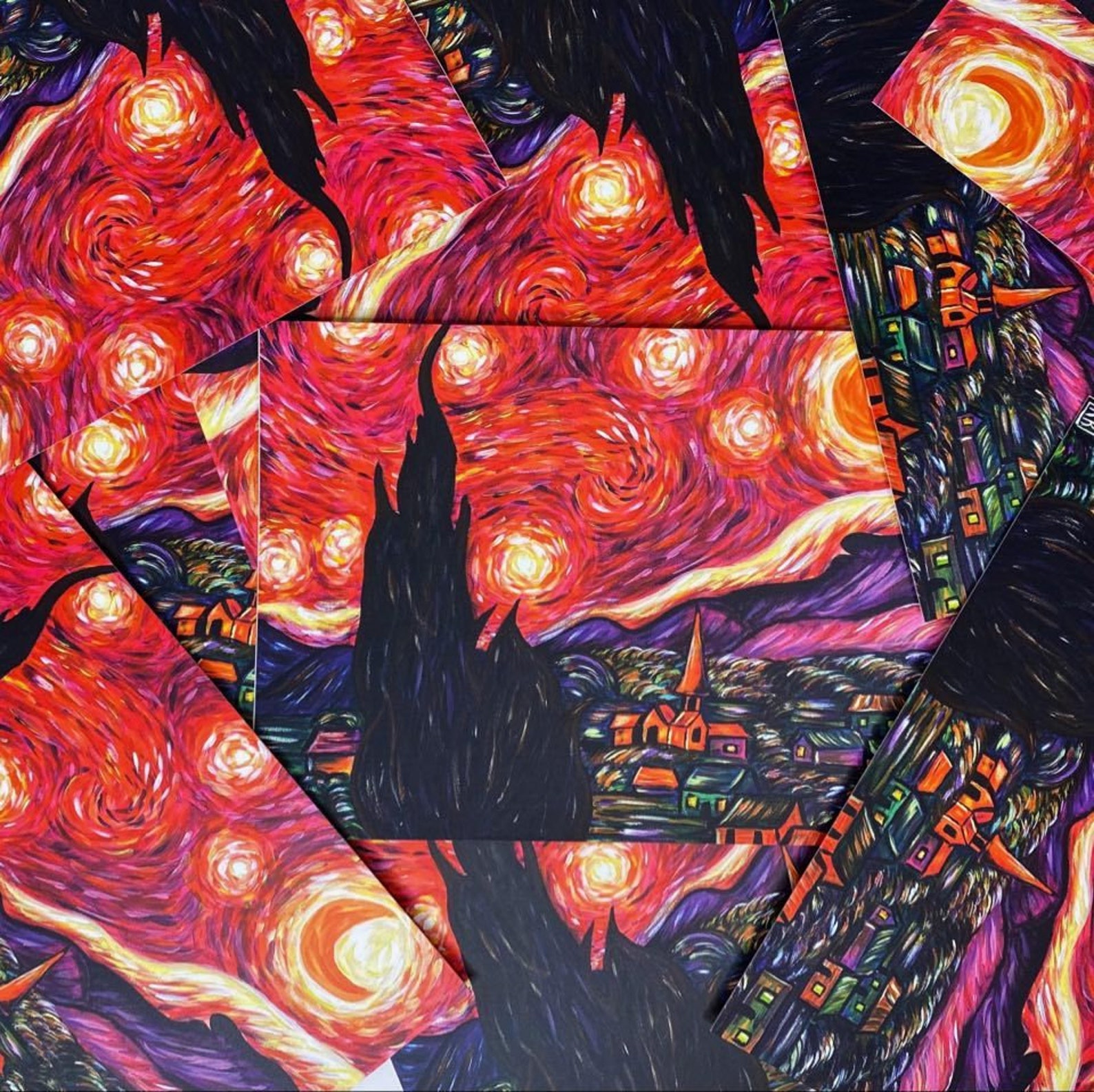 Red Starry Night Van Gogh Art print A5 | Etsy