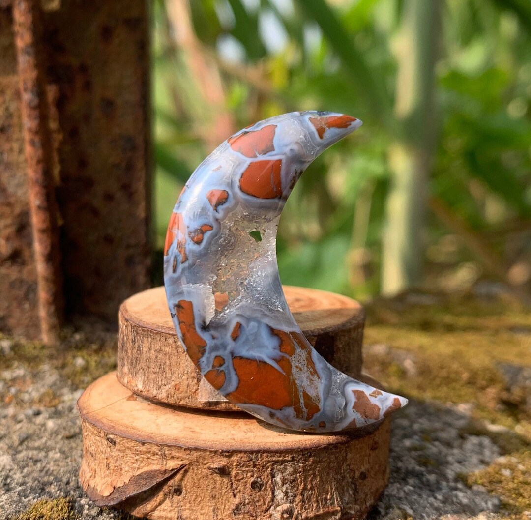 Crescent Moon Red Brescia Confetti Jasper With Druzy Pocket – Unique ...