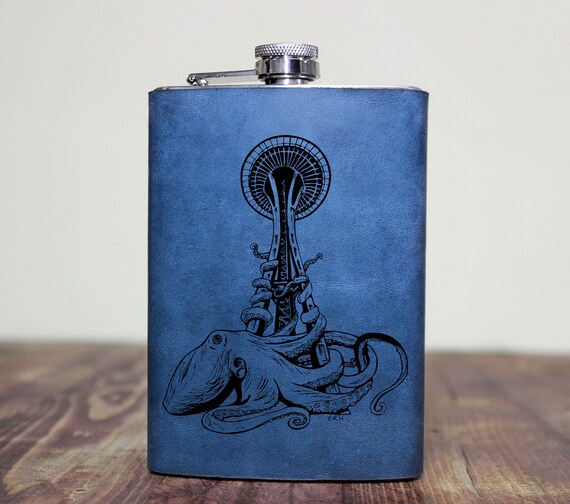 Octopus 9 Oz Kraken Flask Leather Wrapped Flask Octopus | Etsy