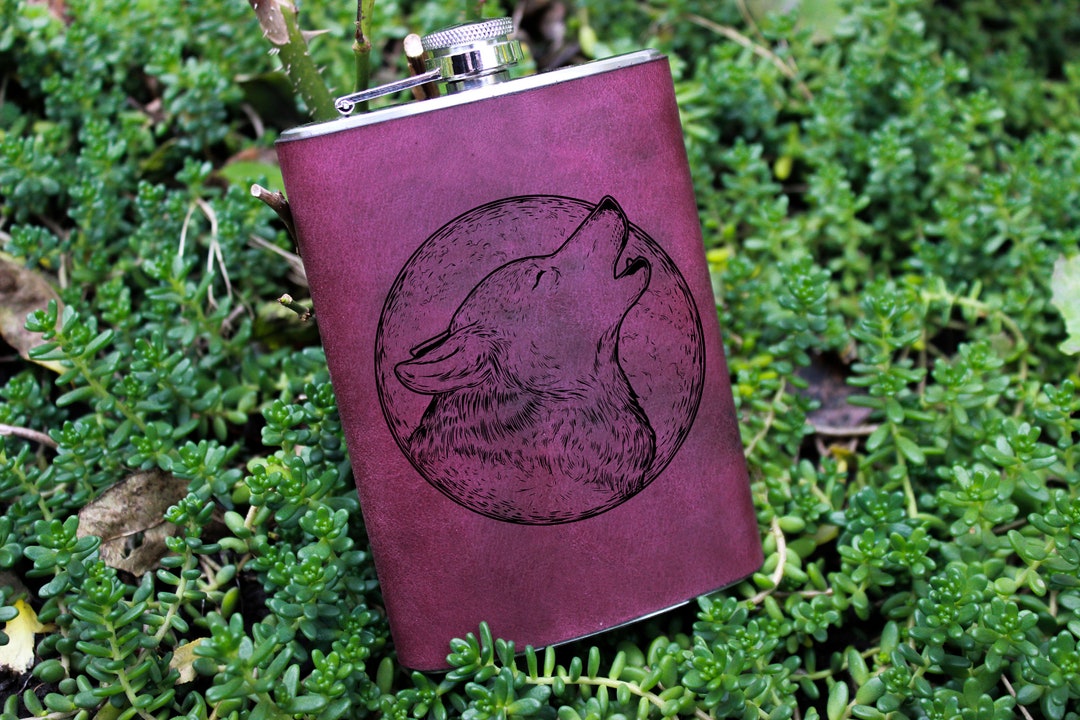 Wolf 9oz Forest Flask Leather Wrapped Flask Groomsman Gift Personalized ...