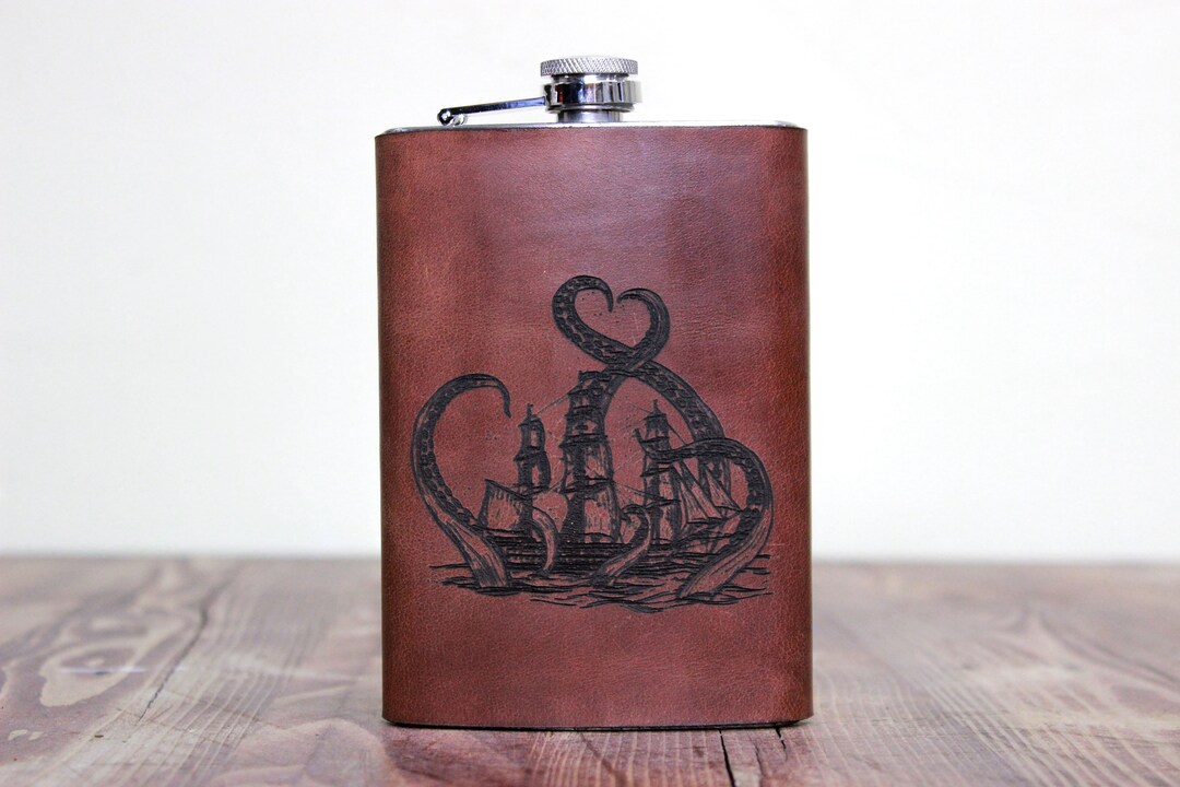 Octopus Flask, 9 Oz Leather Flask, Metal 9 Ounce Nautical Flask,wrapped ...