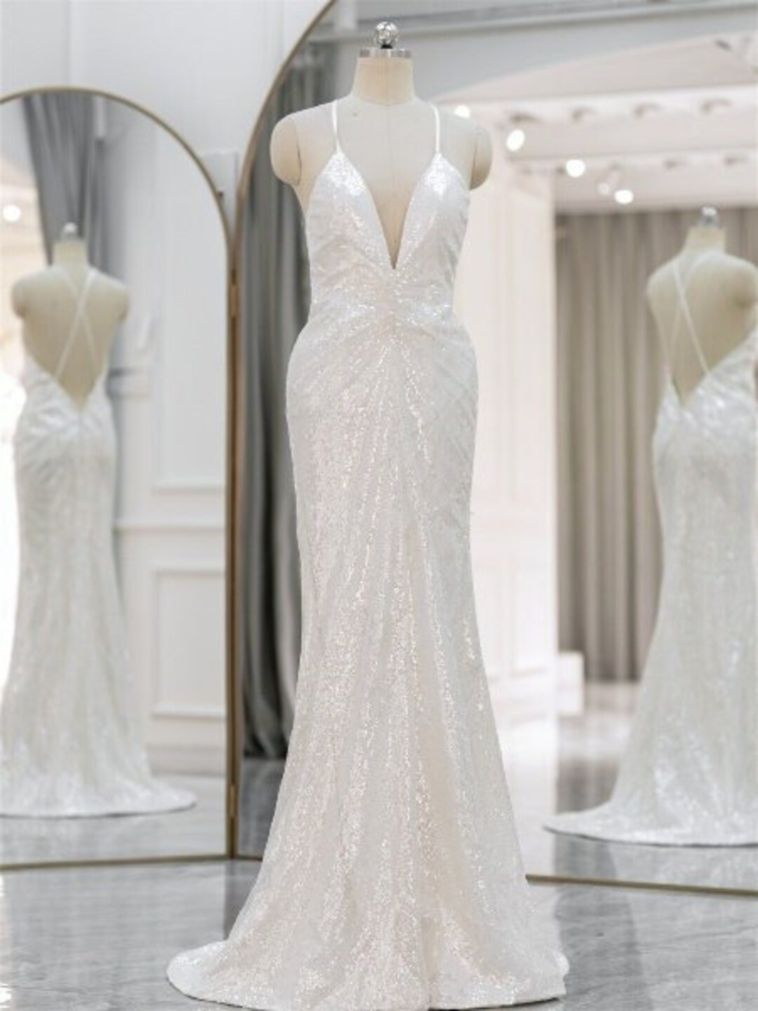 Sequin Wedding Dress, Open Back Mermaid Bridal Robe, Classic Wedding ...