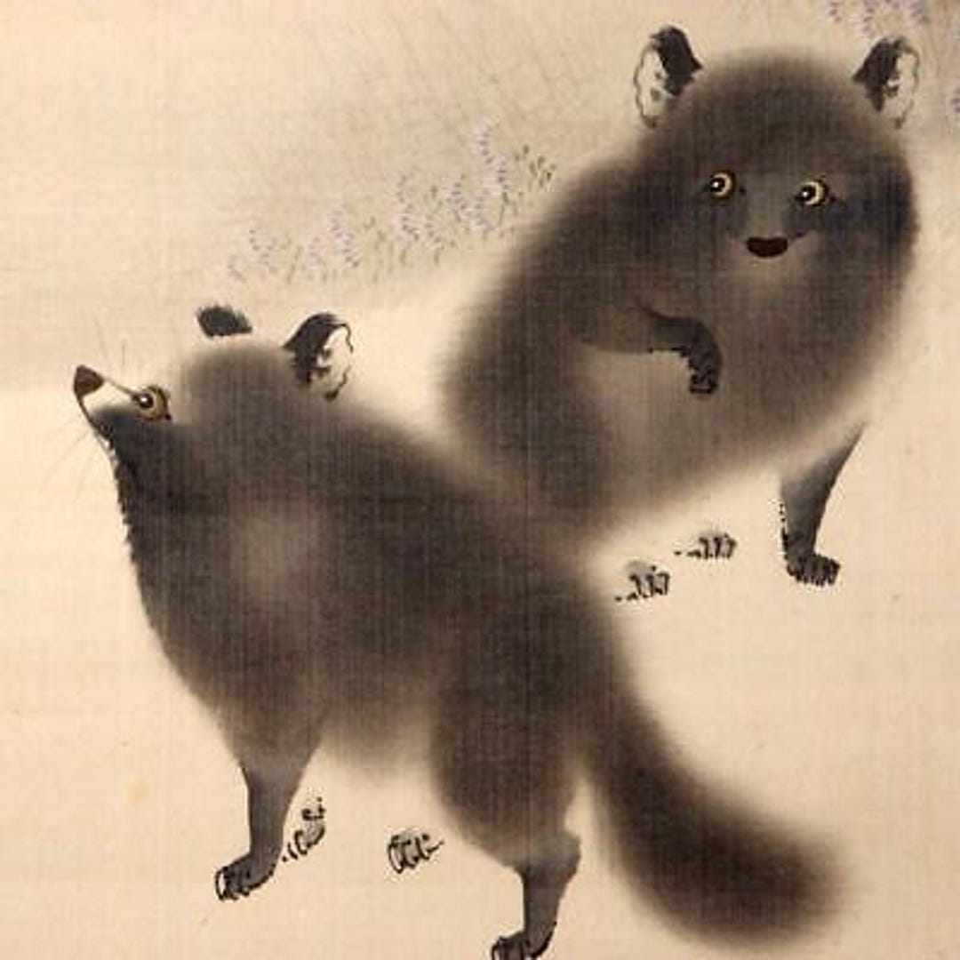 Japanese Kakejiku Hanging Scroll Tanuki Raccoon Dogs Emakimono ASO331 ...