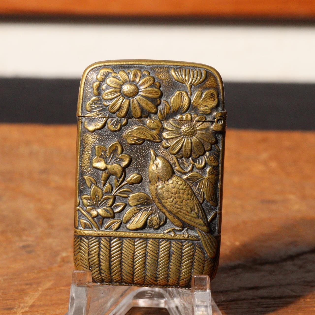 Japanese Antique Brass Match Case Safe Holder Bird Flower Meiji Period ...