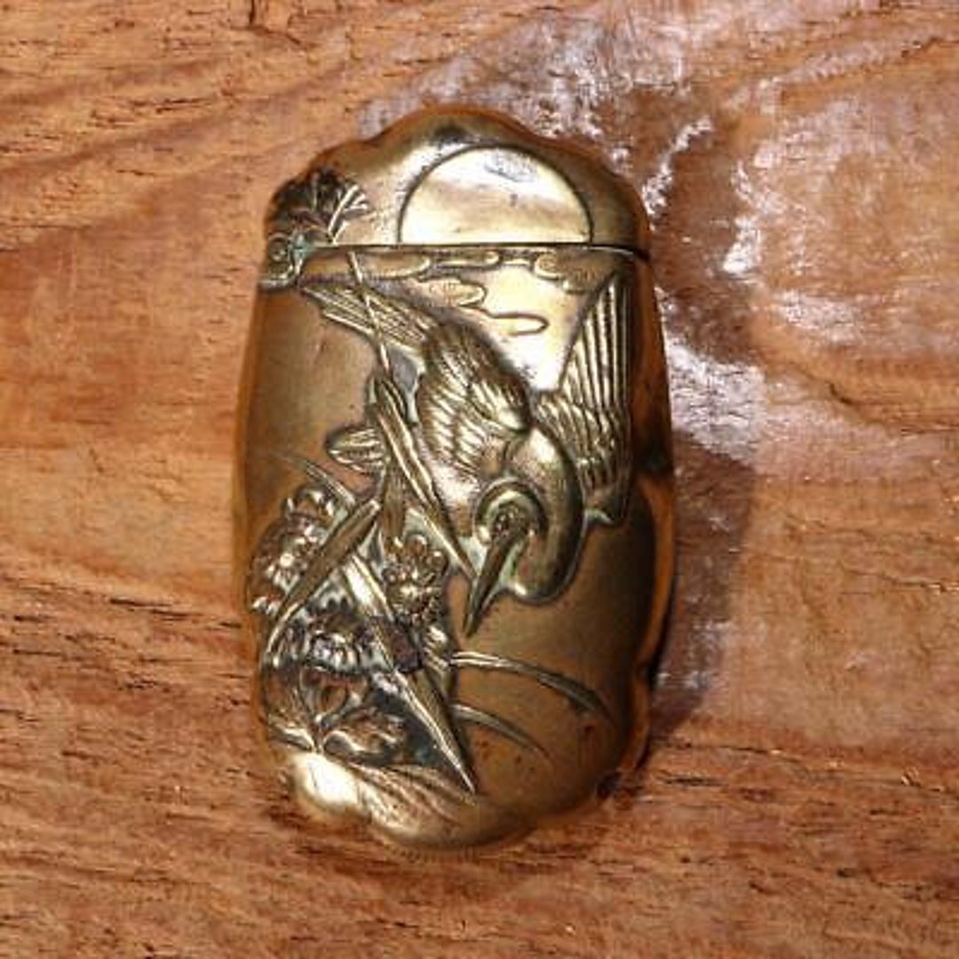 Japanese Antique Brass Match Case Safe Holder Striker Bird Meiji Period ...