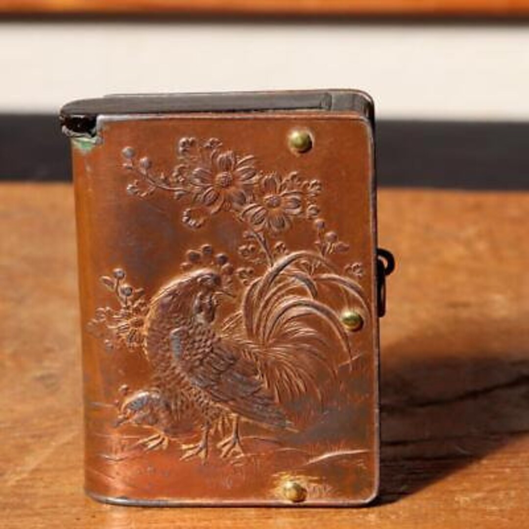 Japanese Antique Brass Match Case Safe Holder Chicken Fiower Meiji ...