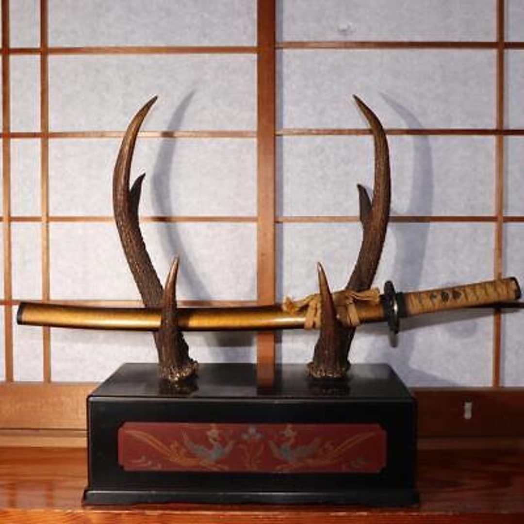 Japanese Wooden Black Lacquer Sword Rack Stand Deer Antlers Makie ...