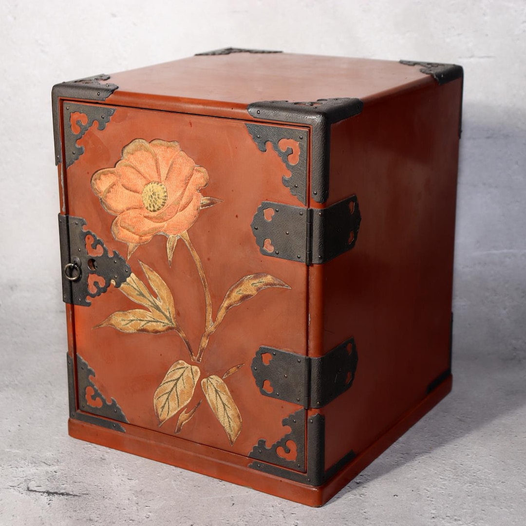 Japanese Vintage Red Lacquer Small Box Tansu Chest Camellia Flower ...