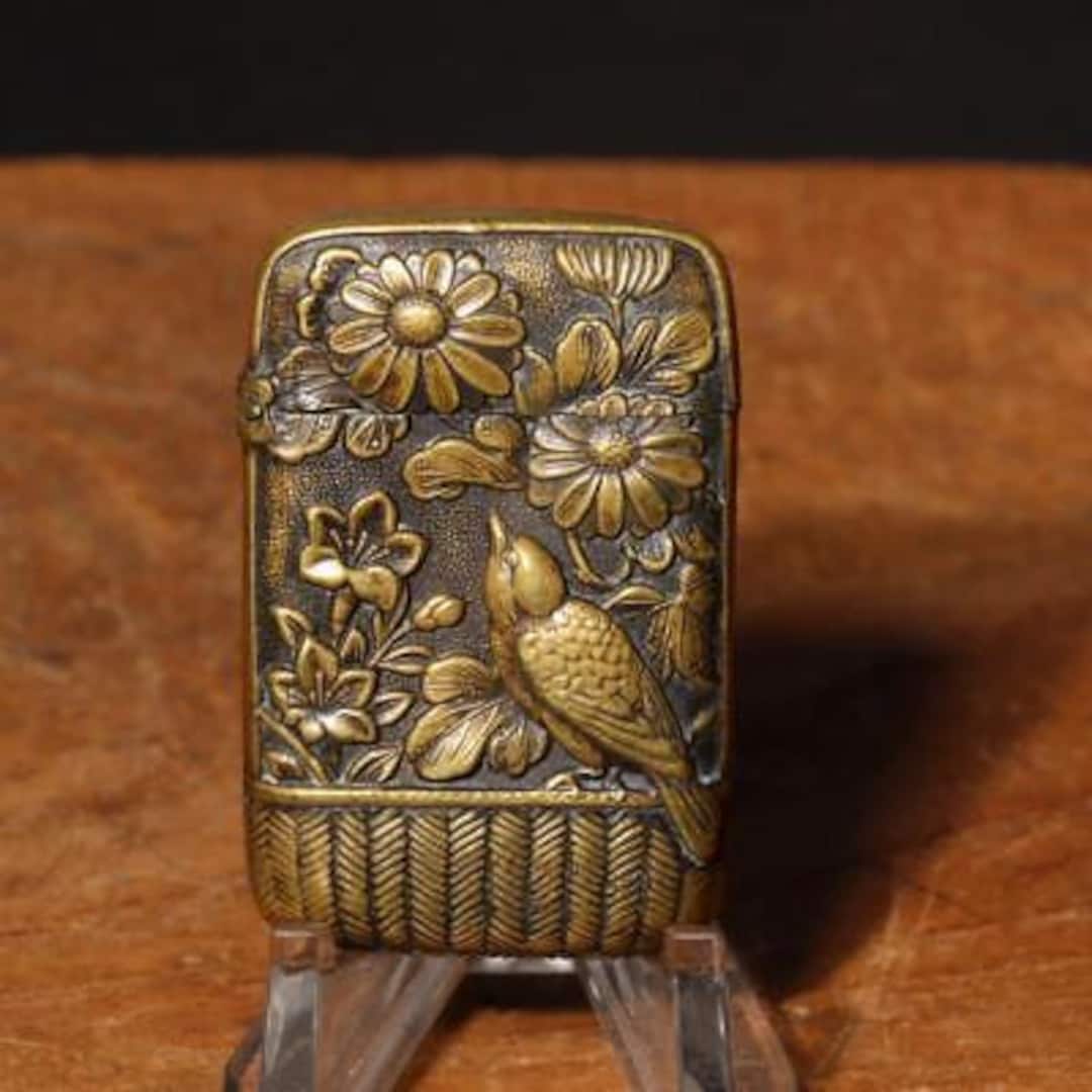 Japanese Antique Brass Match Case Safe Holder Bird Flower Meiji Period ...