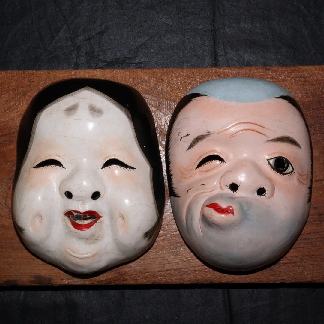 Japanese Wooden Hyottoko Okame Noh Mask Kyogen Kagura Mask - Etsy