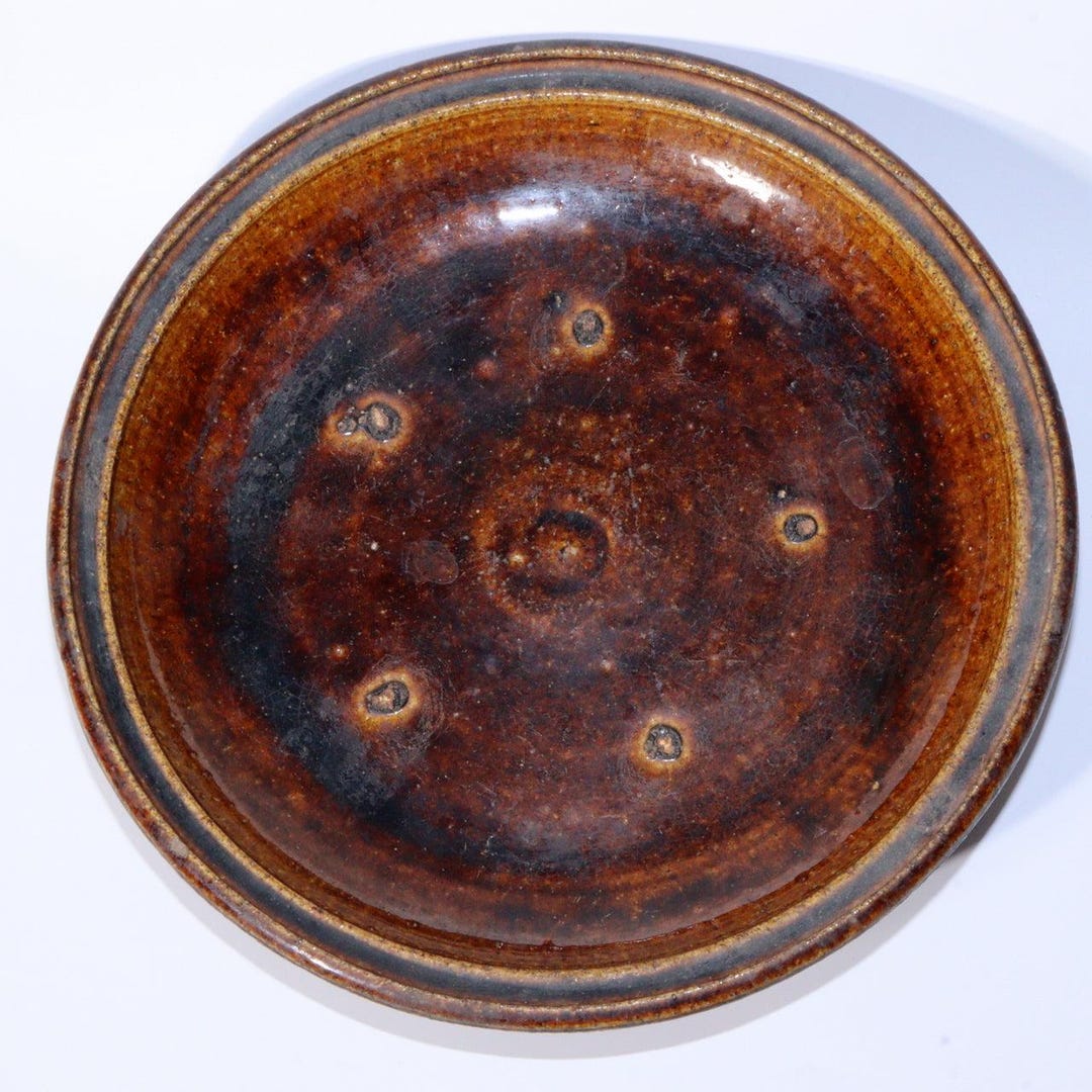 Antique Aizu Hongo Ware Plate Amber Glaze Unique Kiln Marks Pottery ...