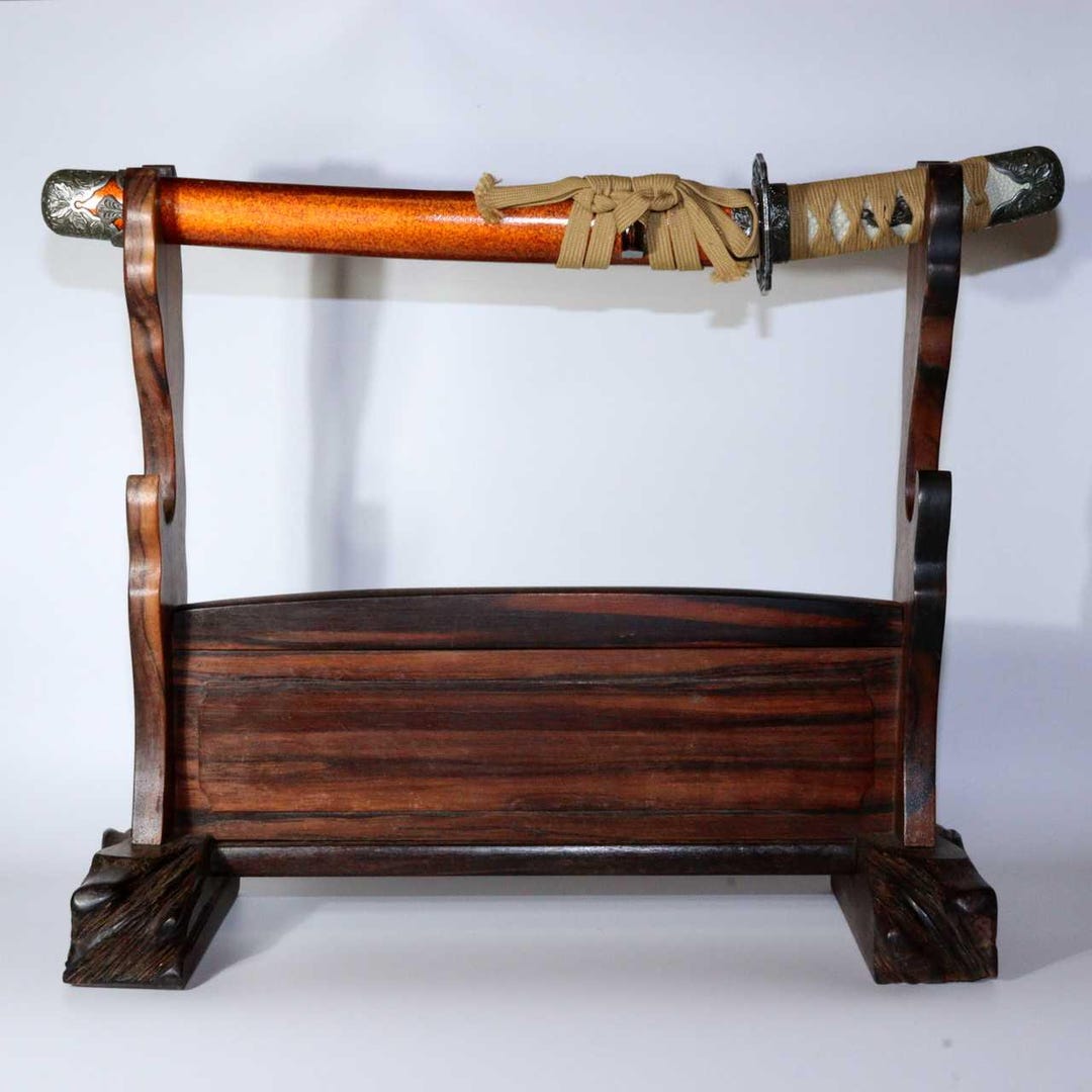 Japanese Wooden Luxury Ebony Sword Rack Stand Sturdy Stable Two Swords ...