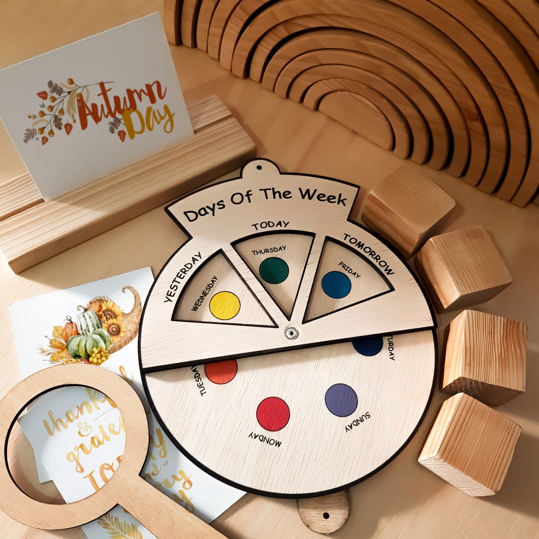 Days of the Week Wheel, Montessori Toddler Development, Wooden Baby Toy ...