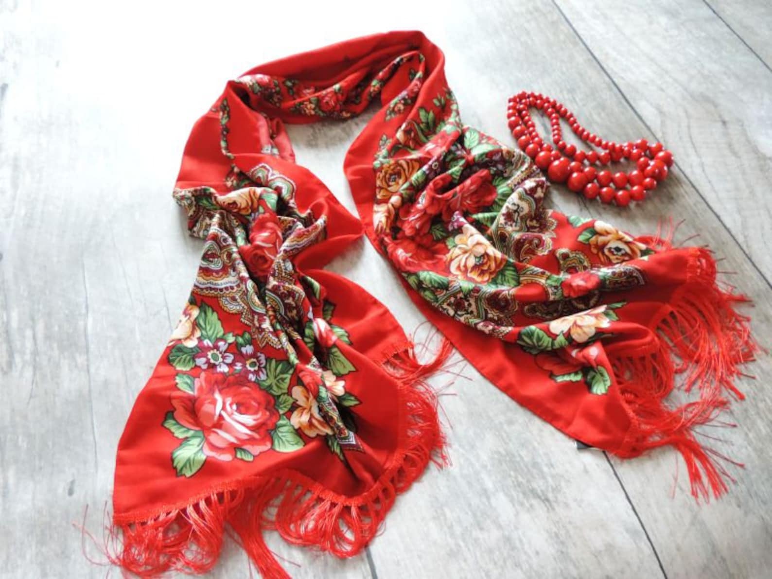 Polish Slavic Folk Scarf Fringes Flowers Pattern Ethnic Shawl | Etsy