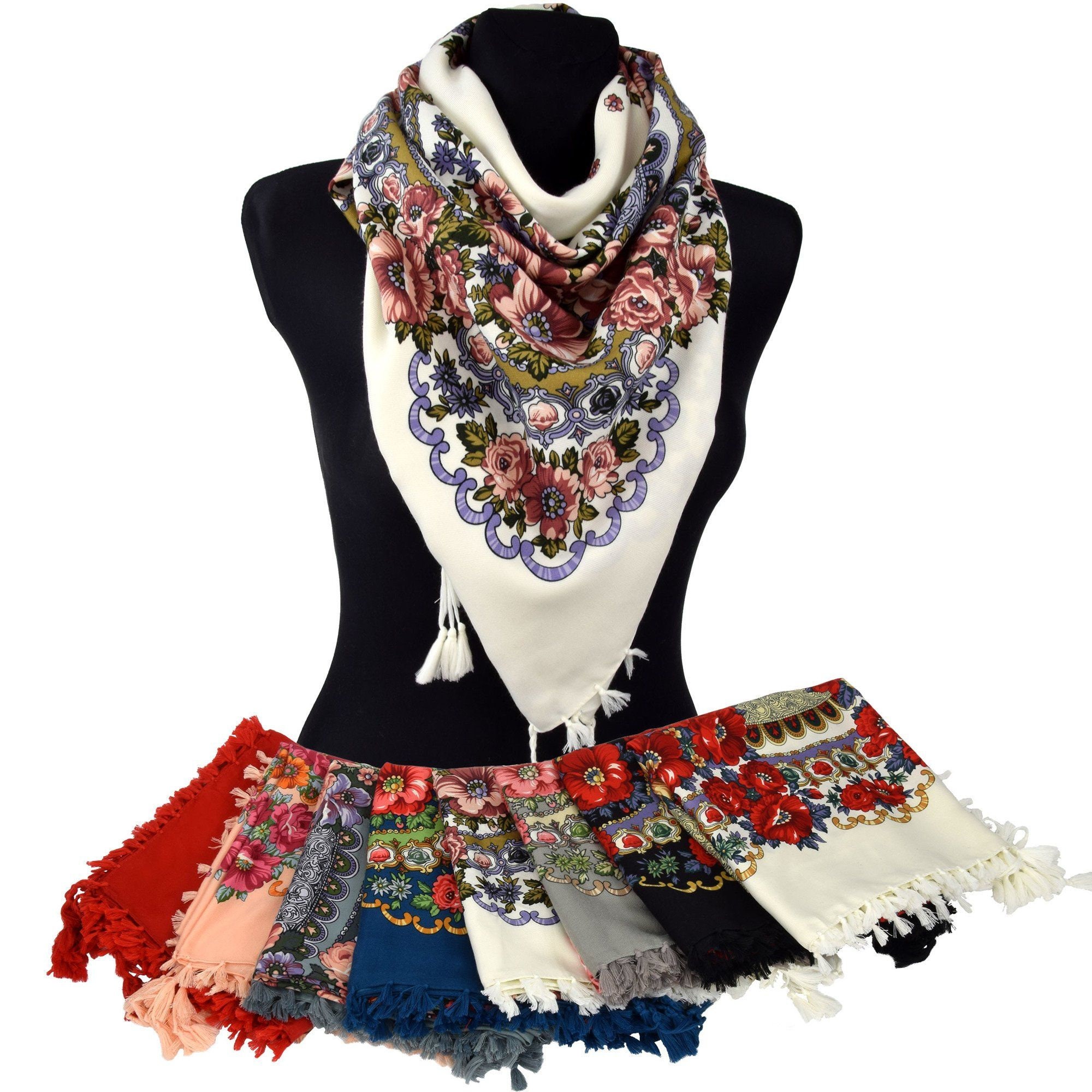 Polish folk scarf floral shawl fringes ethnic boho | Etsy