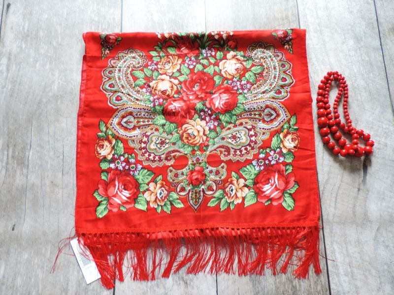 Polish Slavic Folk Scarf Fringes Flowers Pattern Ethnic Shawl | Etsy