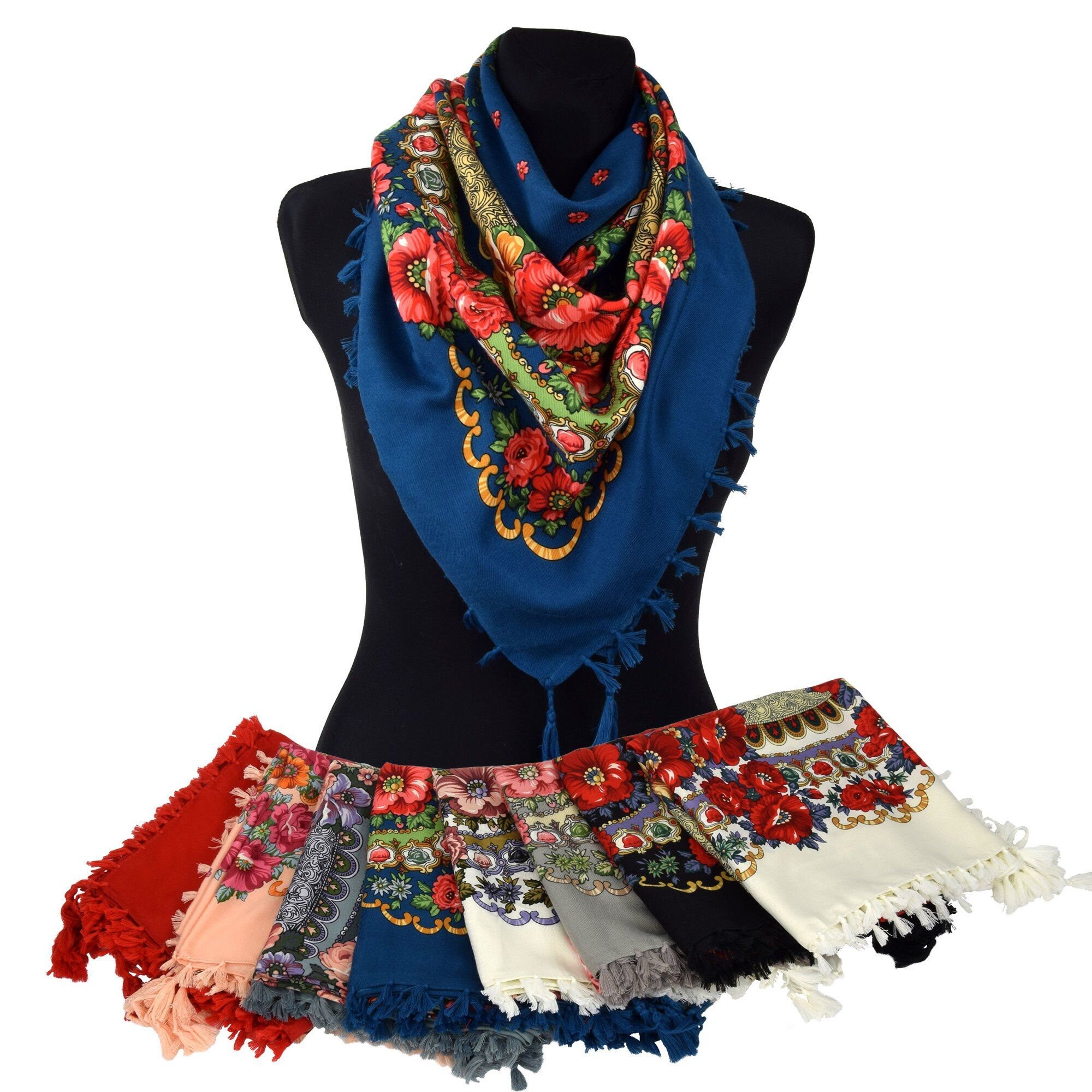 Polish folk scarf floral shawl fringes ethnic boho | Etsy