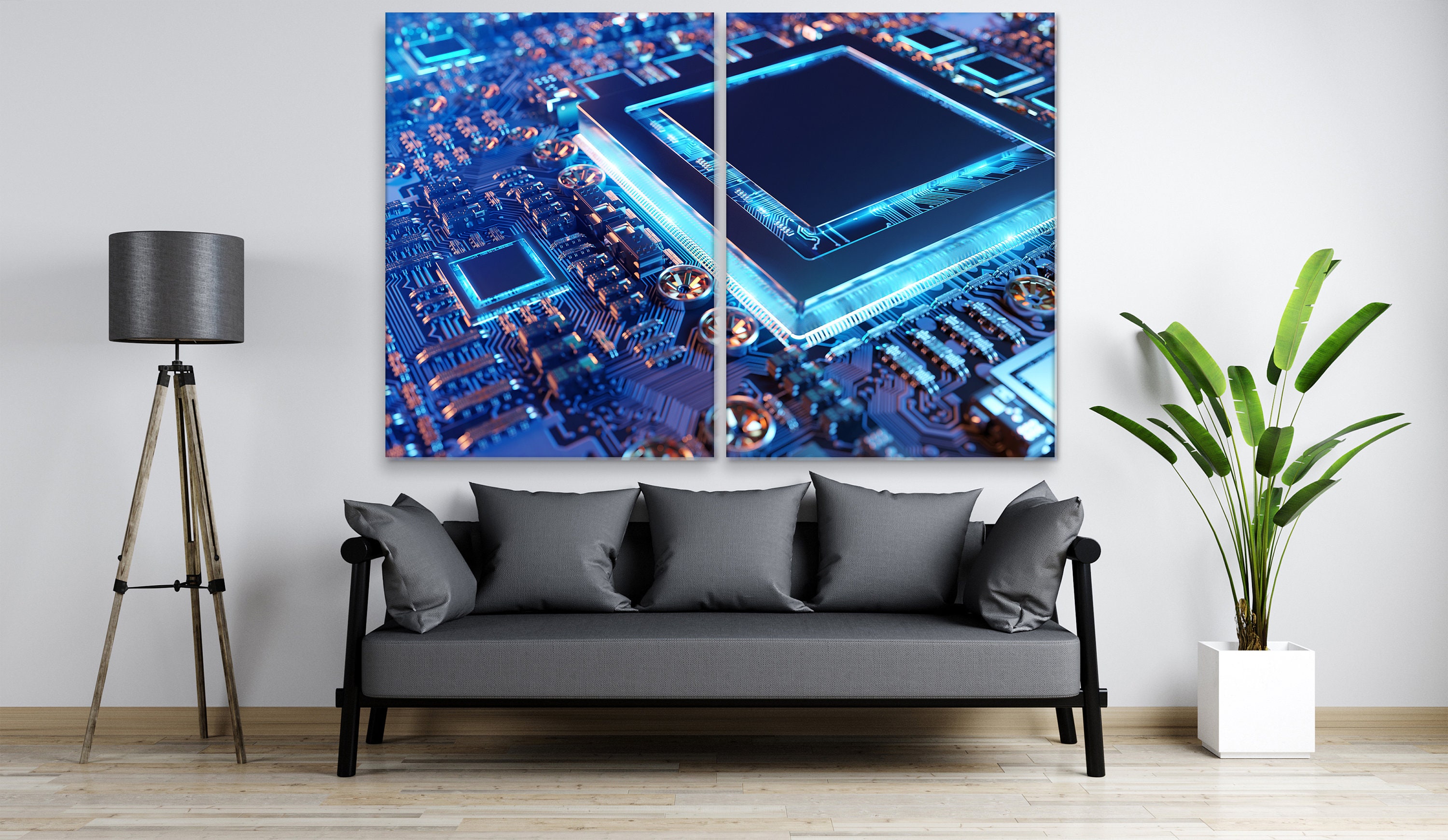 Circuit board wall art Computer scince wall print Neon light scheme ...