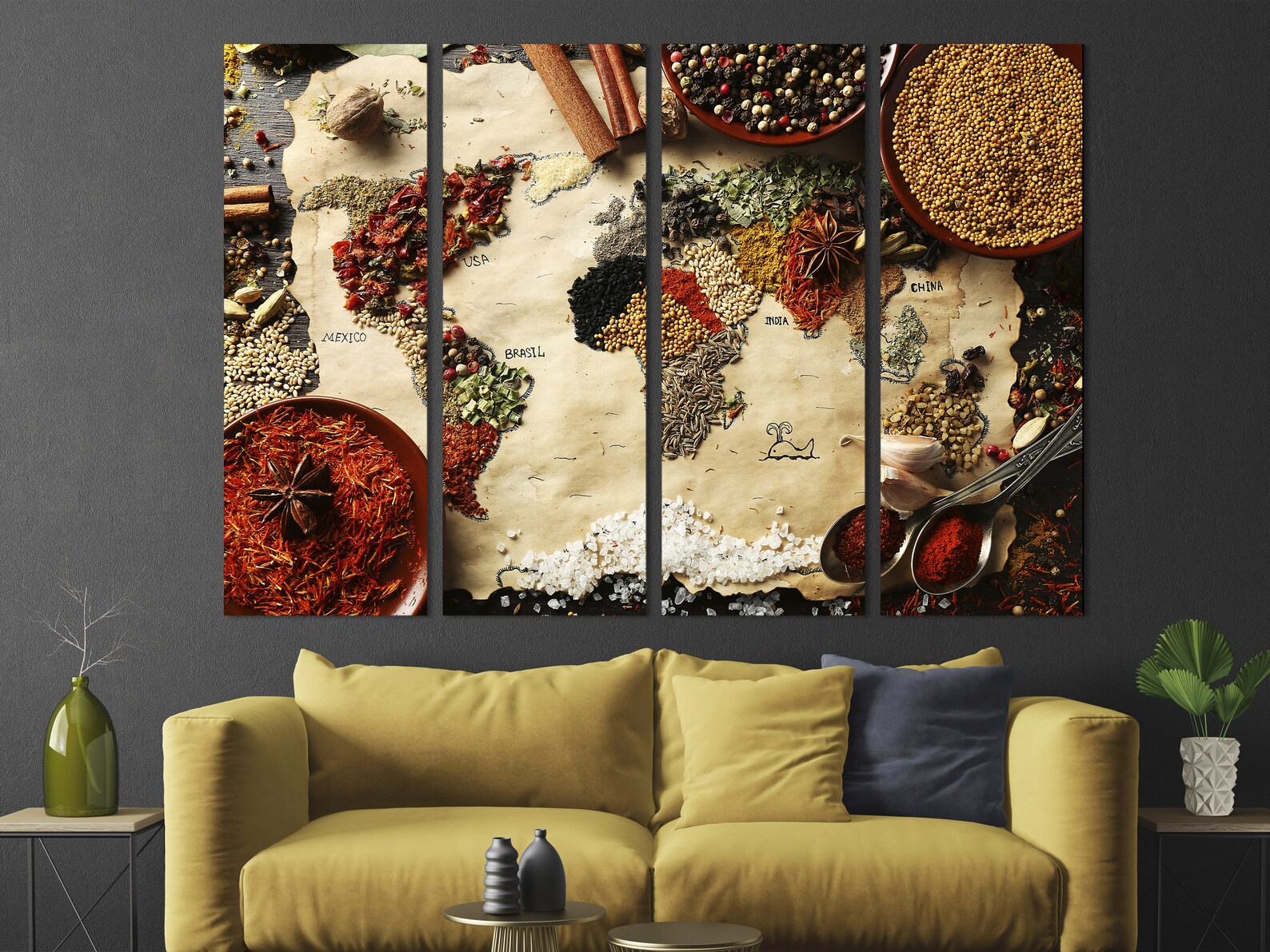 World Map for Kitchen Decor With Different Spices Print on Canvas ...