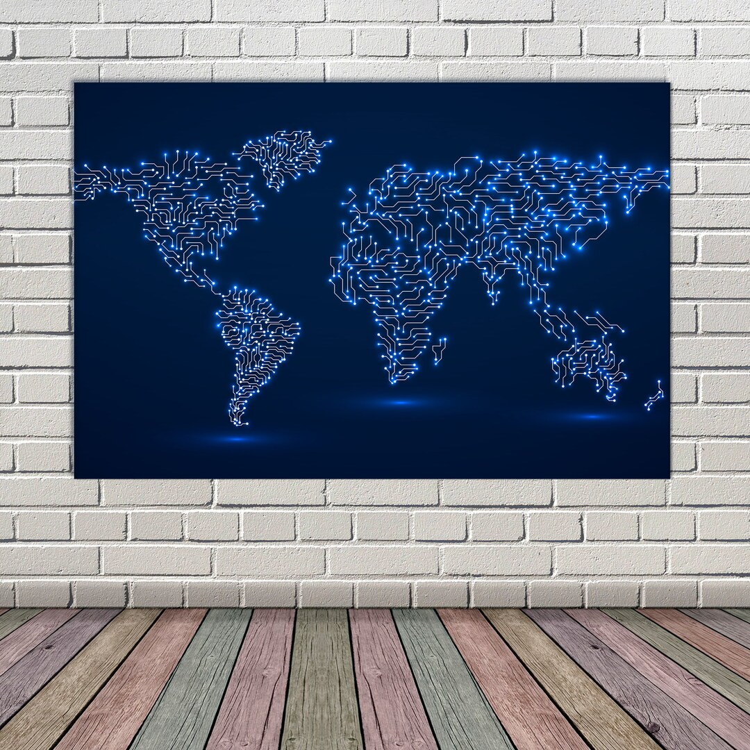 Neon Light World Map Wall Art | Circuit Board | Push Pin Canvas Print ...