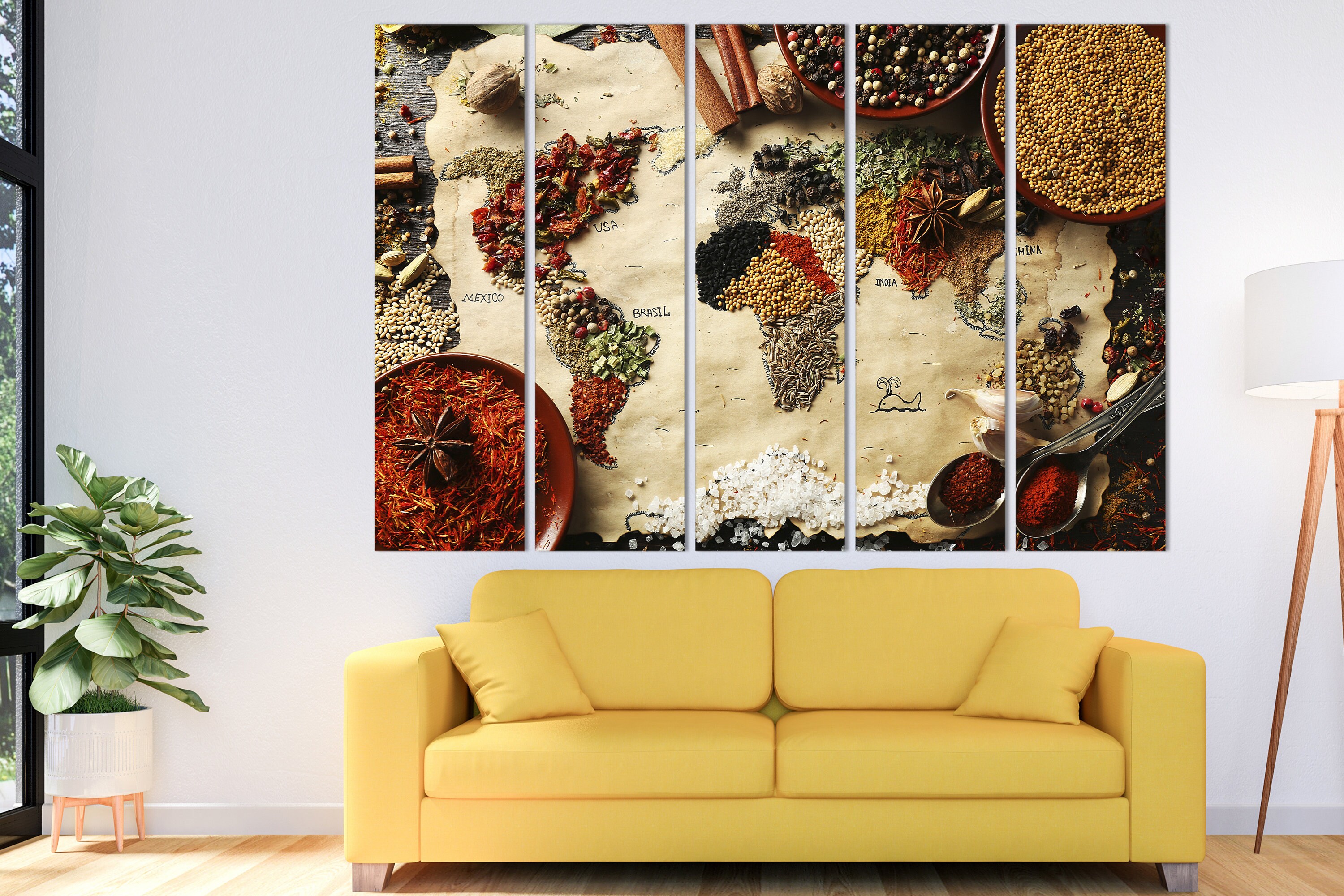 World Map for Kitchen Decor With Different Spices Print on Canvas ...