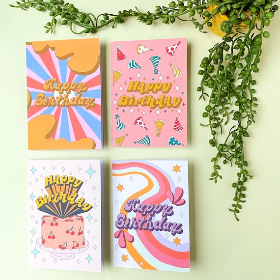 Colourful Groovy Birthday Card Set/Pack Illustrative Retro | Etsy